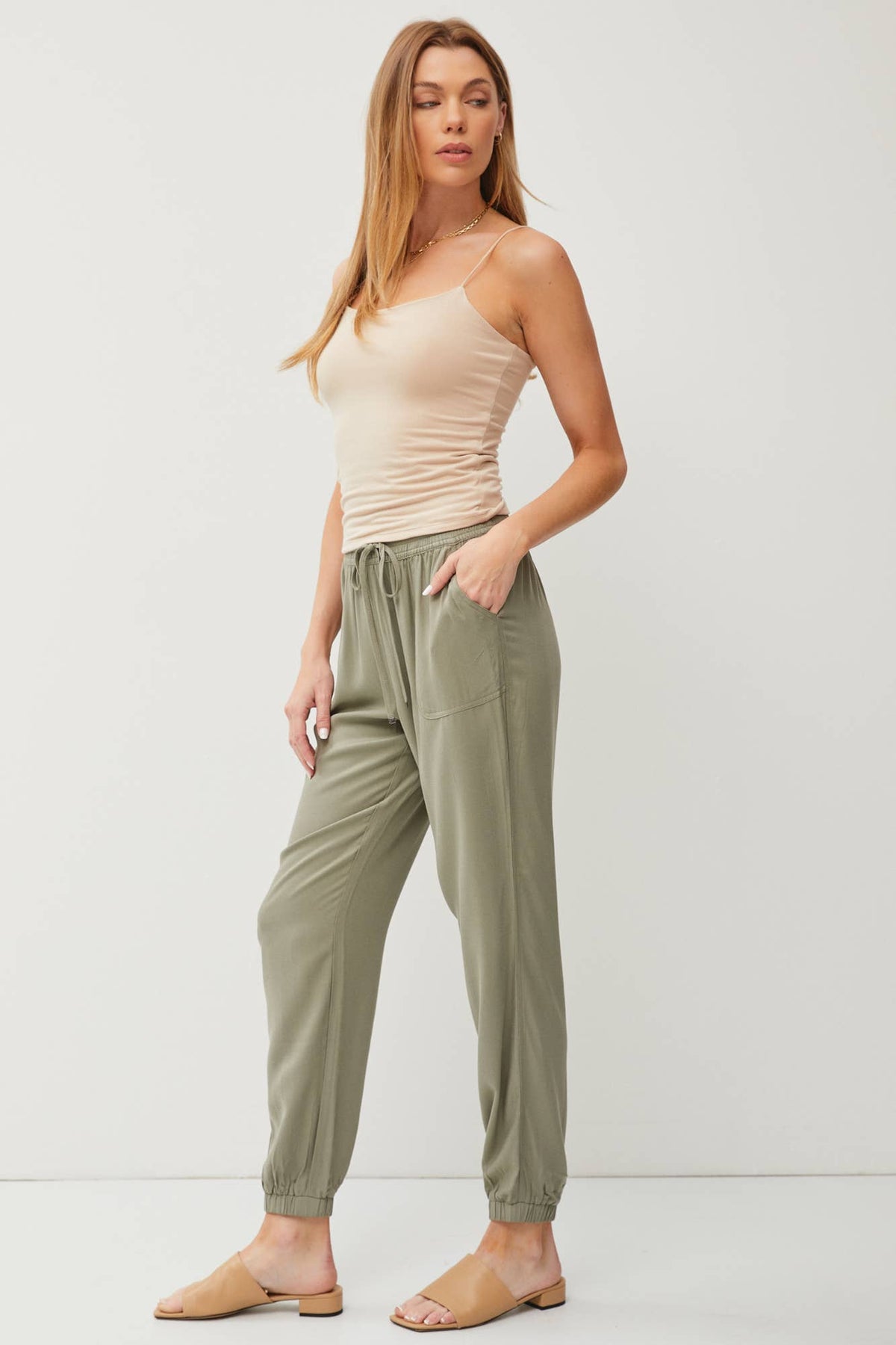 High Rise Elastic Drawstring Jogger Pants || Sage – Khanh